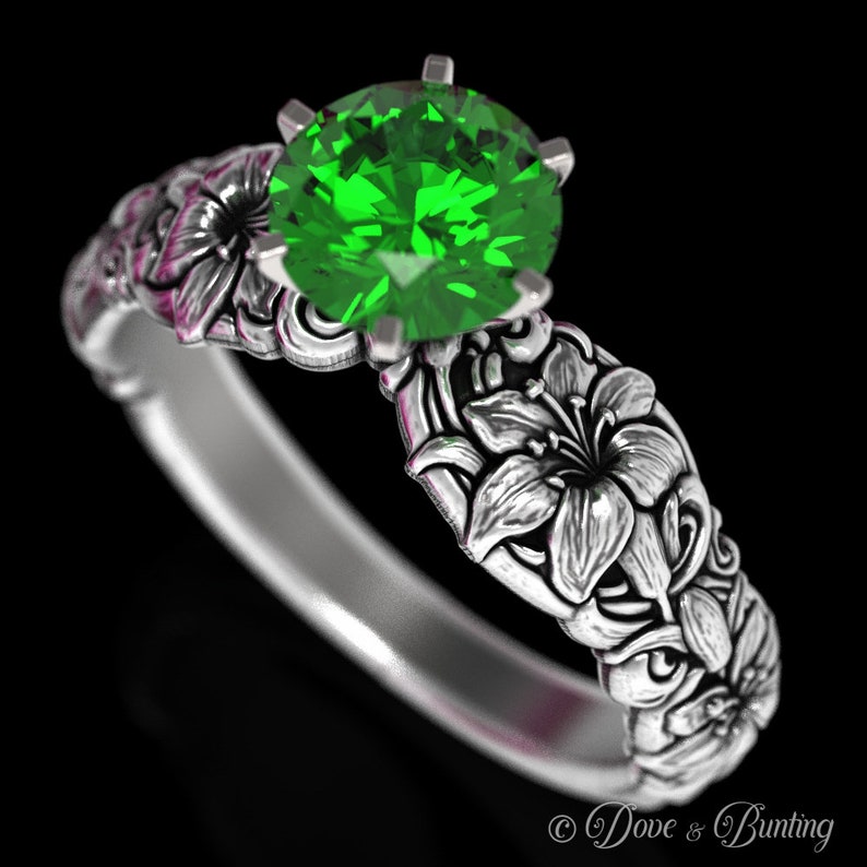 10K Emerald Lily Ring, 14K Gold Floral Engagement, Lily Flower Ring ...