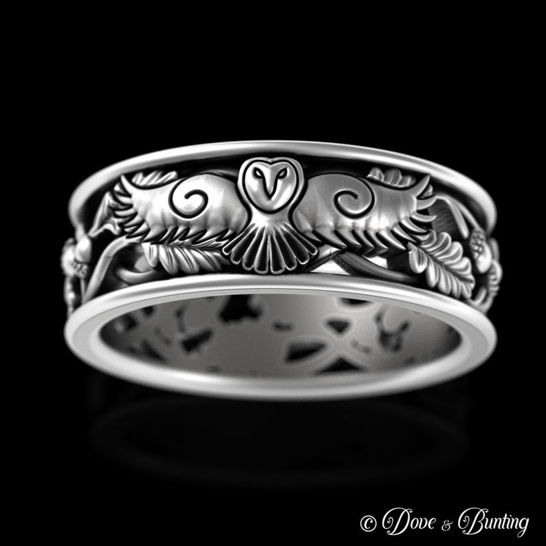 10K Gold Groom Owl Wedding Ring, 14K White Gold Mens Forest Wedding ...