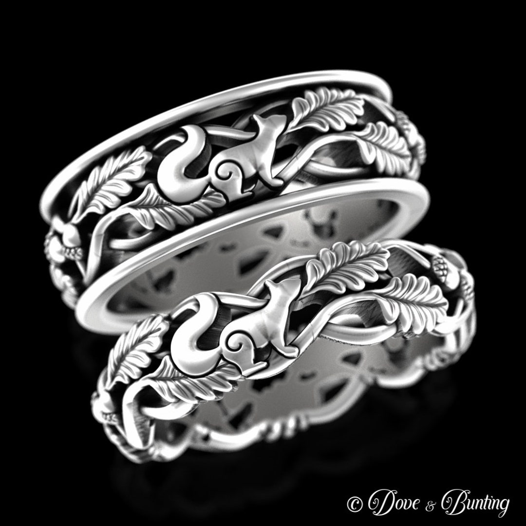 Matching Squirrel Forest Wedding Rings, Sterling His Hers Woodland ...