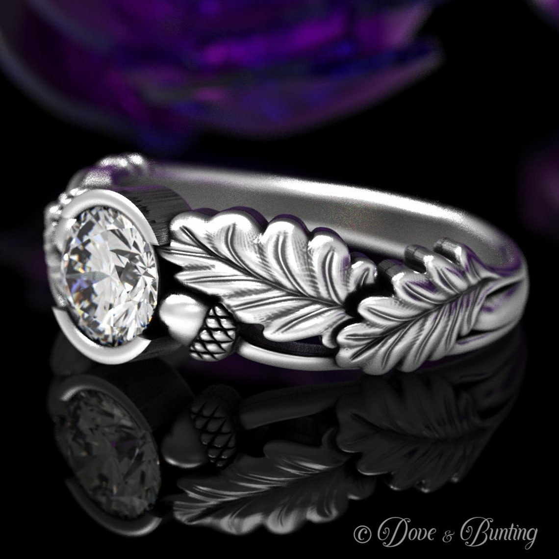 Nature Engagement Ring, Oak Leaf Ring, Sterling Silver & Moissanite ...