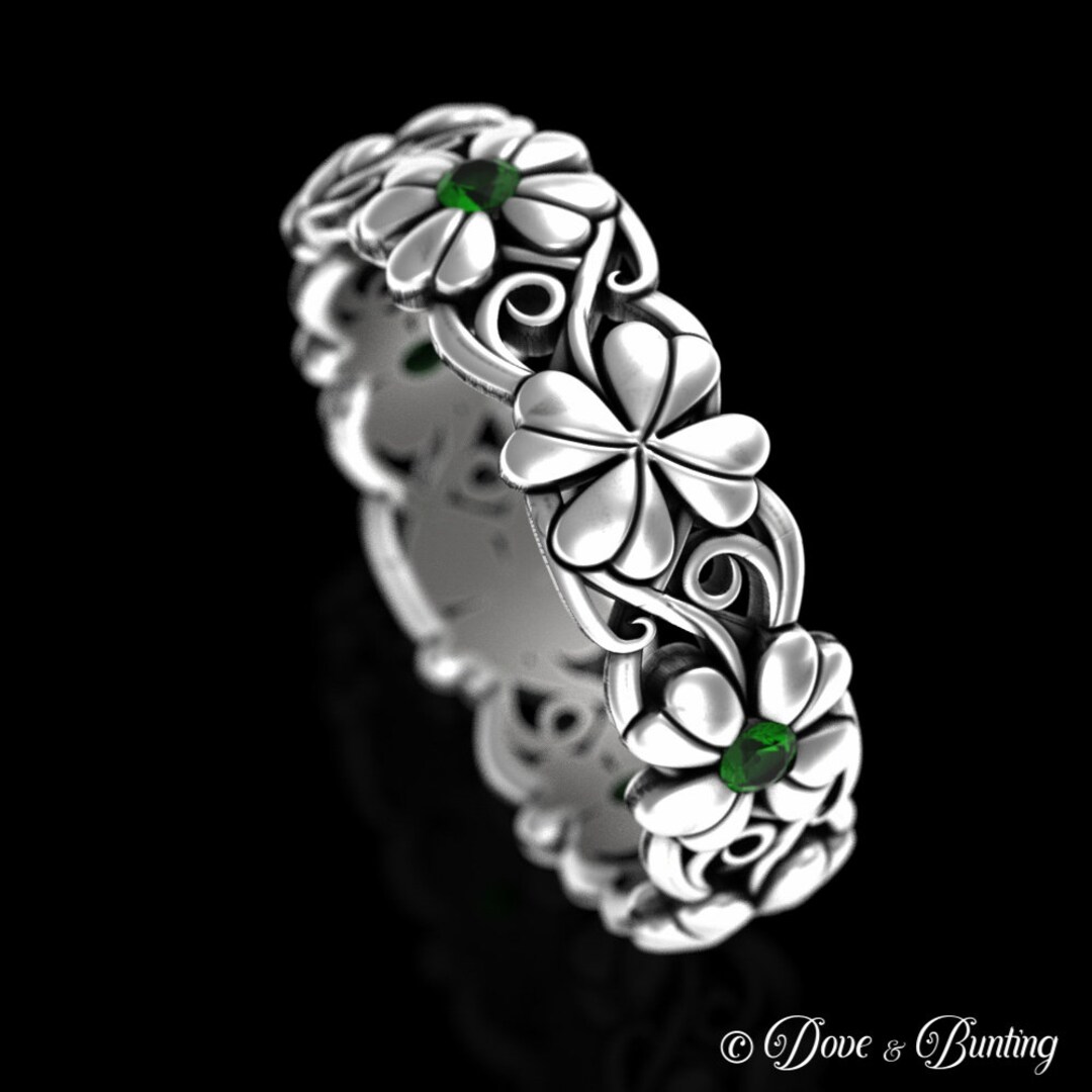Emerald Clover Ring, Sterling Four-leaf Clover Ring, Irish Plant Ring ...
