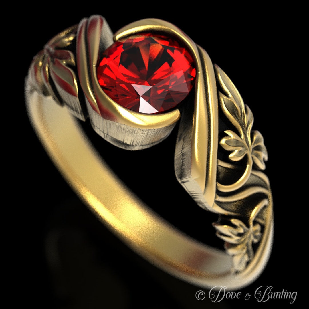 Botanical Engagement Ring, Nature Engagement Ring, Ruby & Gold Wedding ...