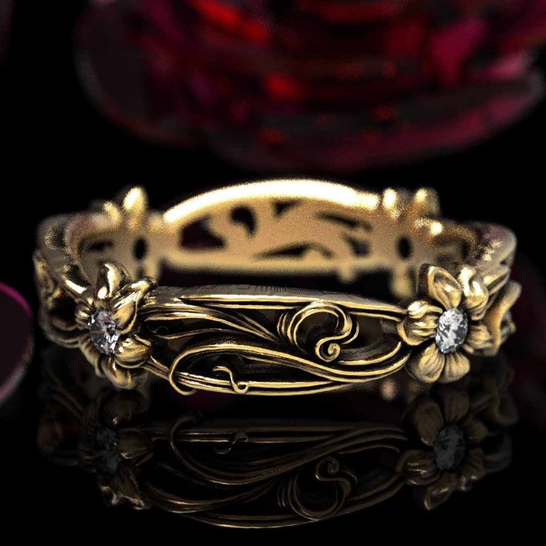 Gold Flower Ring Gold & Moissanite Ring Gold Floral Wedding - Etsy