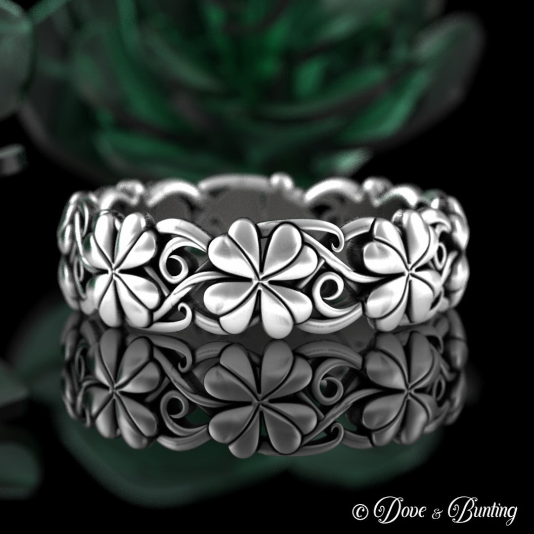 Four Leaf Clover Ring, Sterling Silver Clover Ring, Shamrock Ring, Silver Botanical Ring, Lucky ...