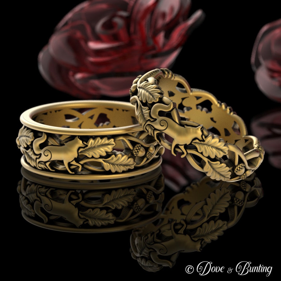 Gold or Platinum His Hers Wolves Wedding Band Set, 10K 14K 18K Wolf ...