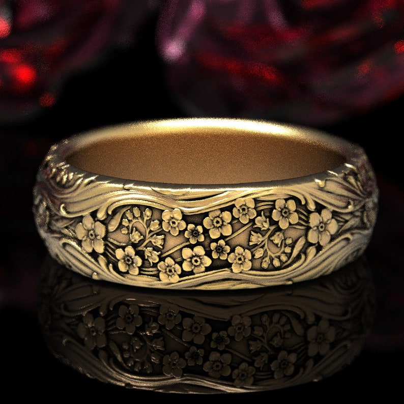 Forget-me-not Wedding Ring, Gold Art Nouveau Ring, Flower Wedding Band ...
