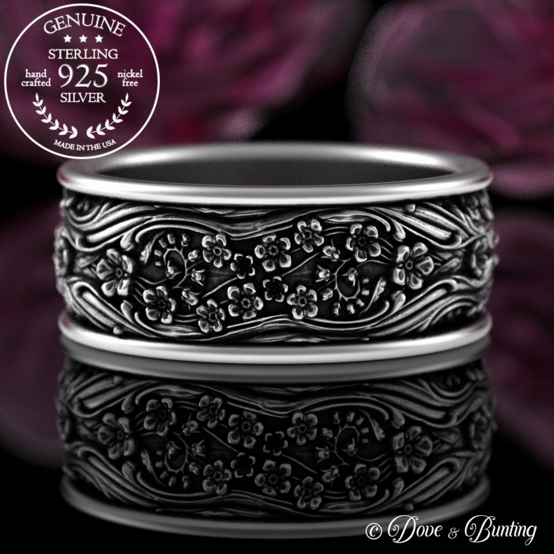 Wide Forget-me-not Wedding Ring, Sterling Silver Mens Art Nouveau Ring ...