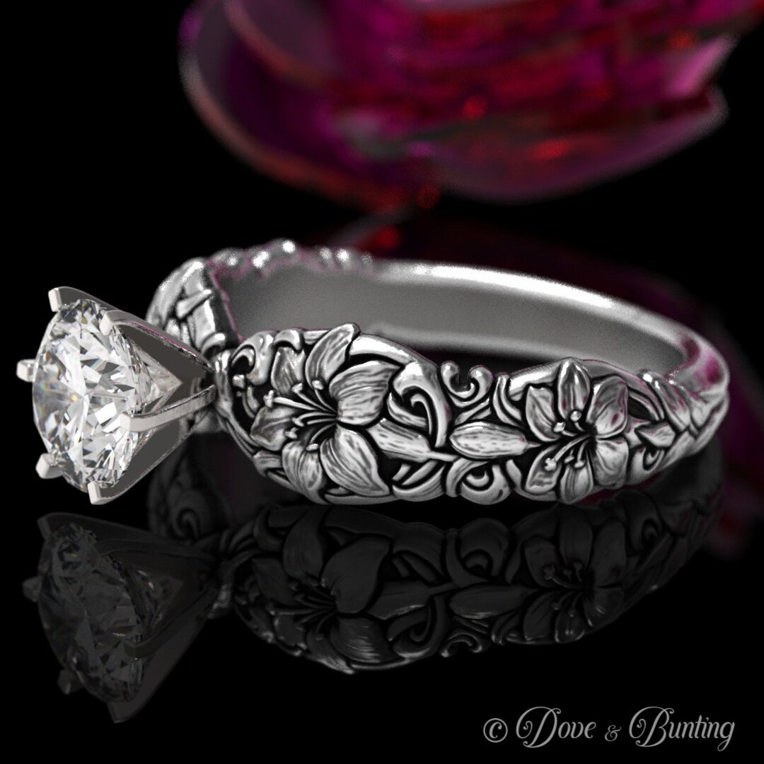 Lily Engagement Ring, Sterling Moissanite Ring, Art Nouveau Flower ...