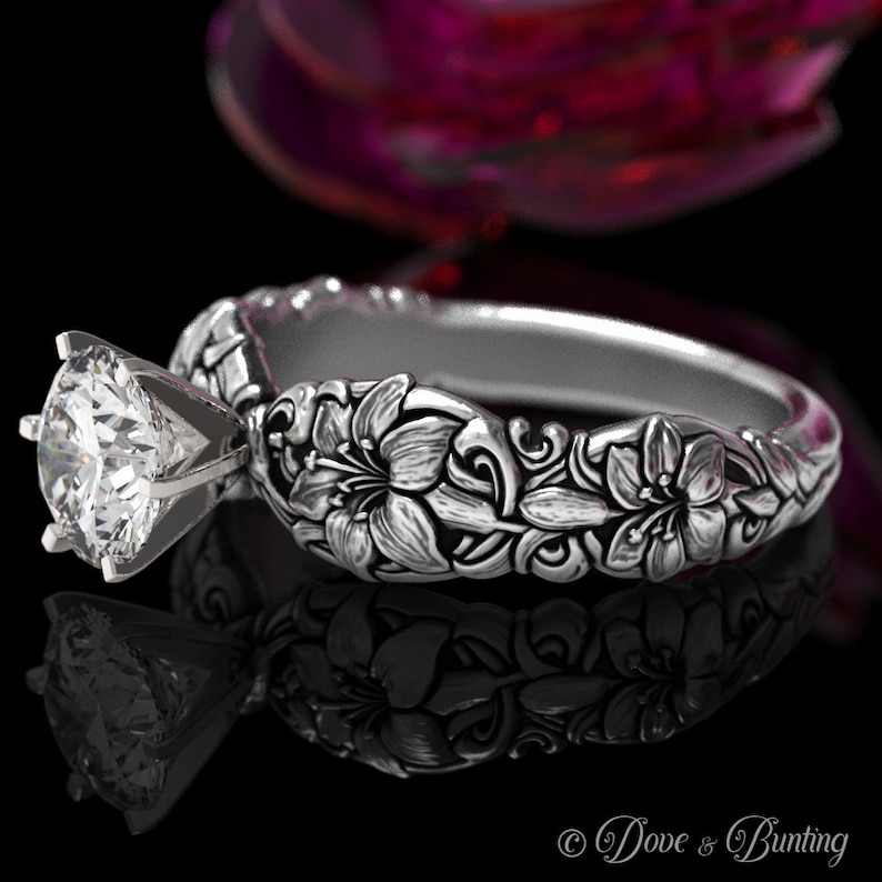 Lily Engagement Ring, Sterling Moissanite Ring, Art Nouveau Flower ...