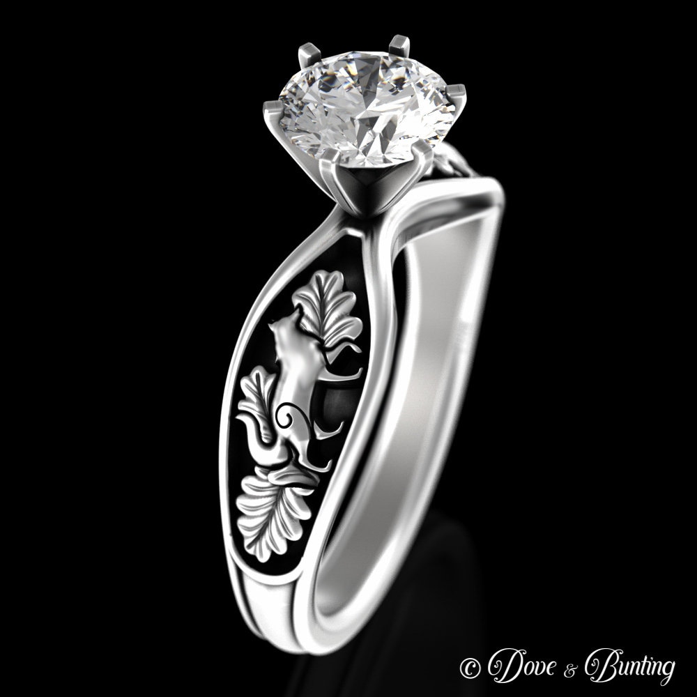10K Gold Wolves Solitaire Ring, 1 Carat Moissanite Wolf Forest Wedding ...