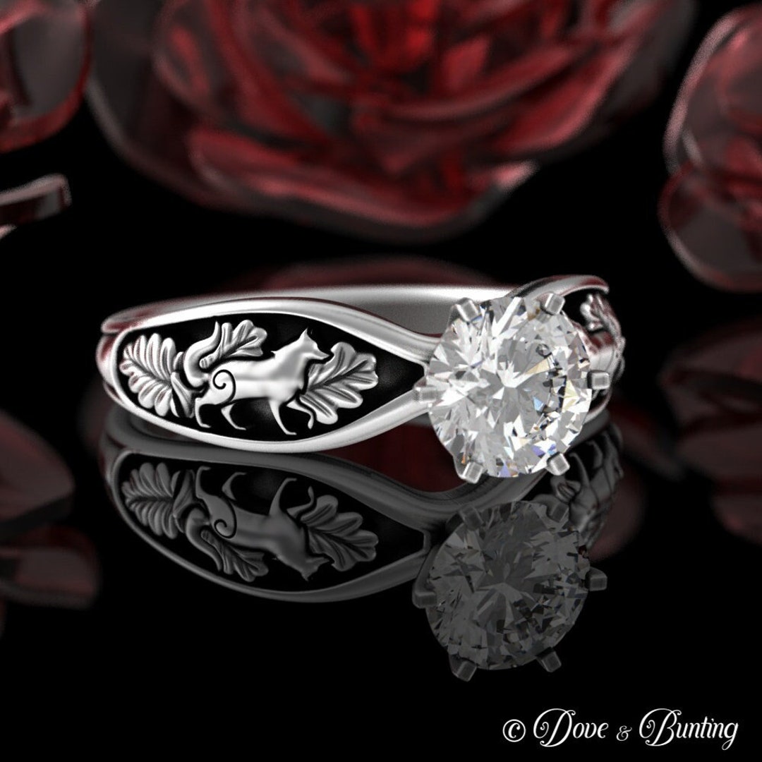 Wolves Solitaire Engagement Ring, Sterling & 1 Carat Moissanite Wolf ...