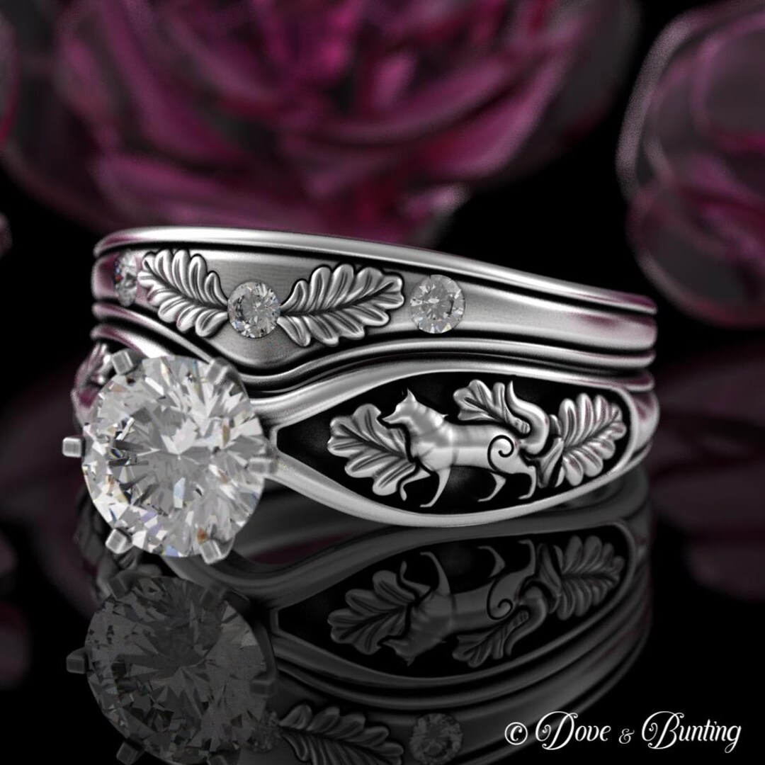 Bridal Stacking Wolves Engagement Ring Set, Sterling Womens Moissanite ...