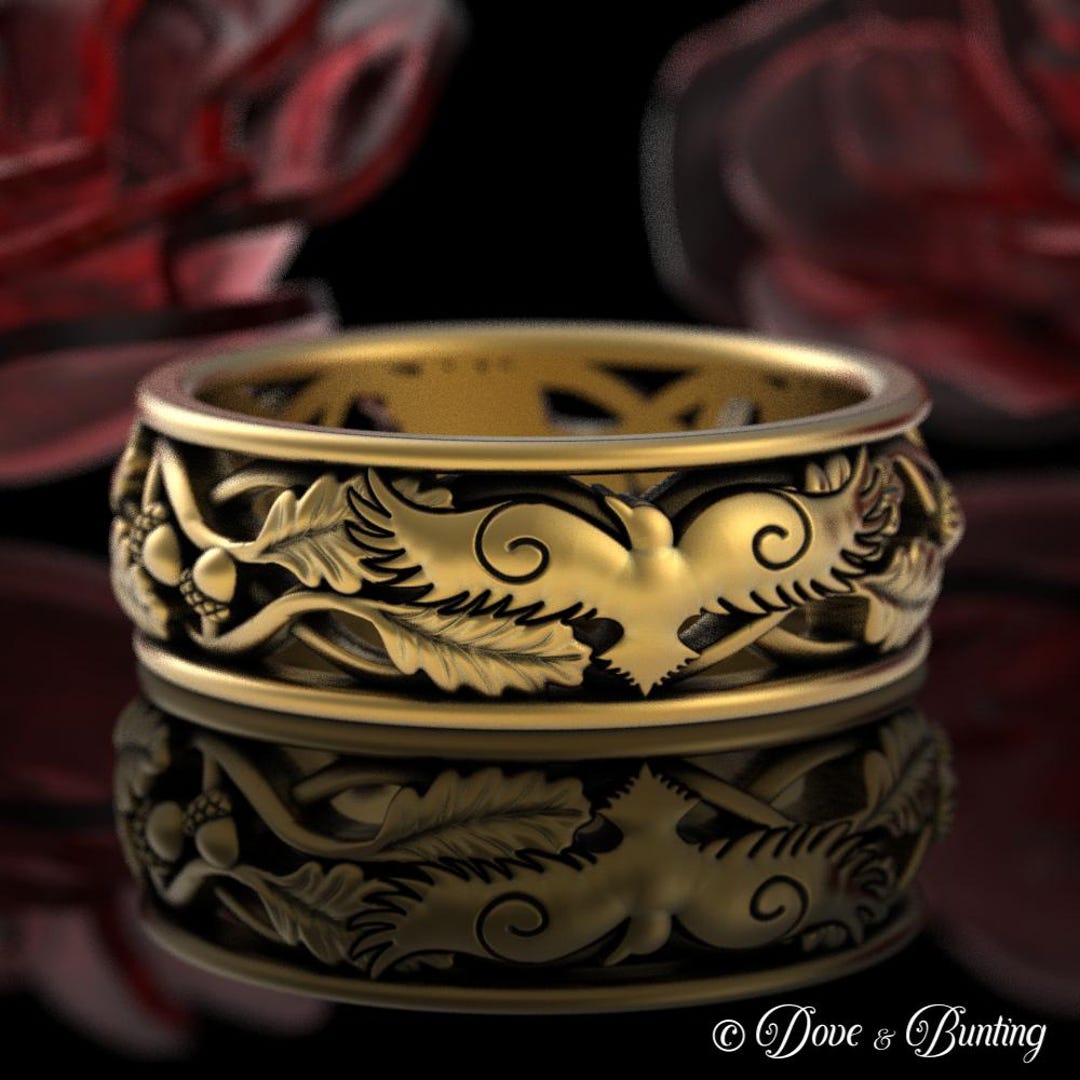 Grooms Gold Raven Wedding Band, 10K 14K Forest Bird Wedding Ring ...