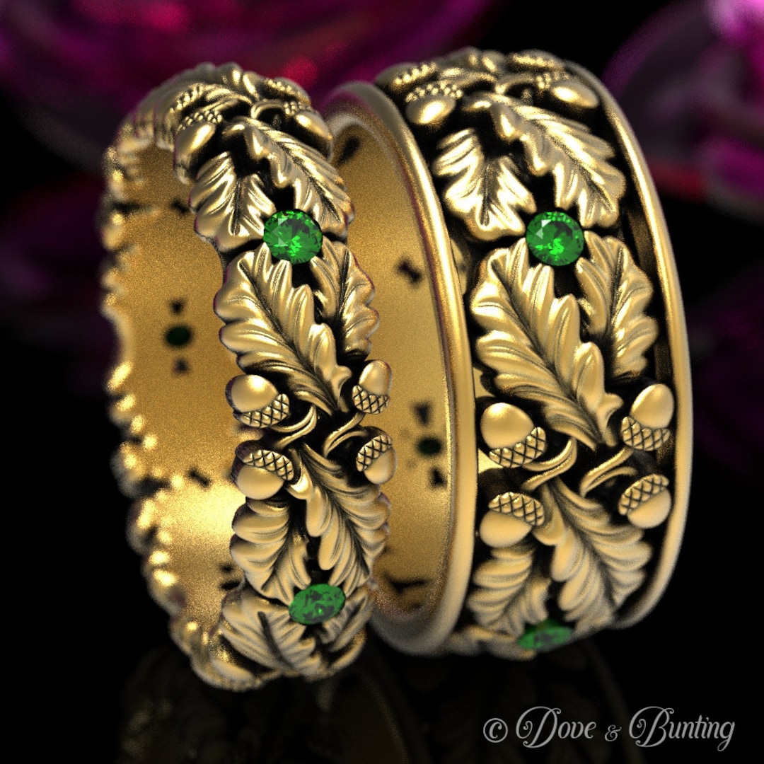 Emerald Gold Oak Ring Set, Matching Gold Wedding Bands, Oak Tree Rings ...