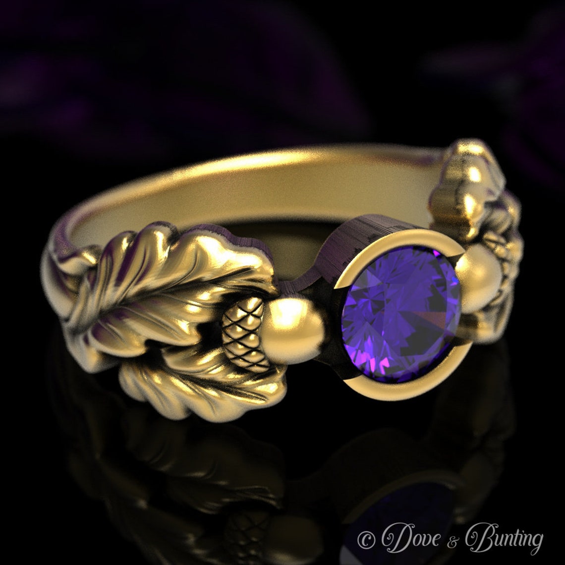 Gold Acorn Ring Gold Amethyst Engagement Ring Nature | Etsy