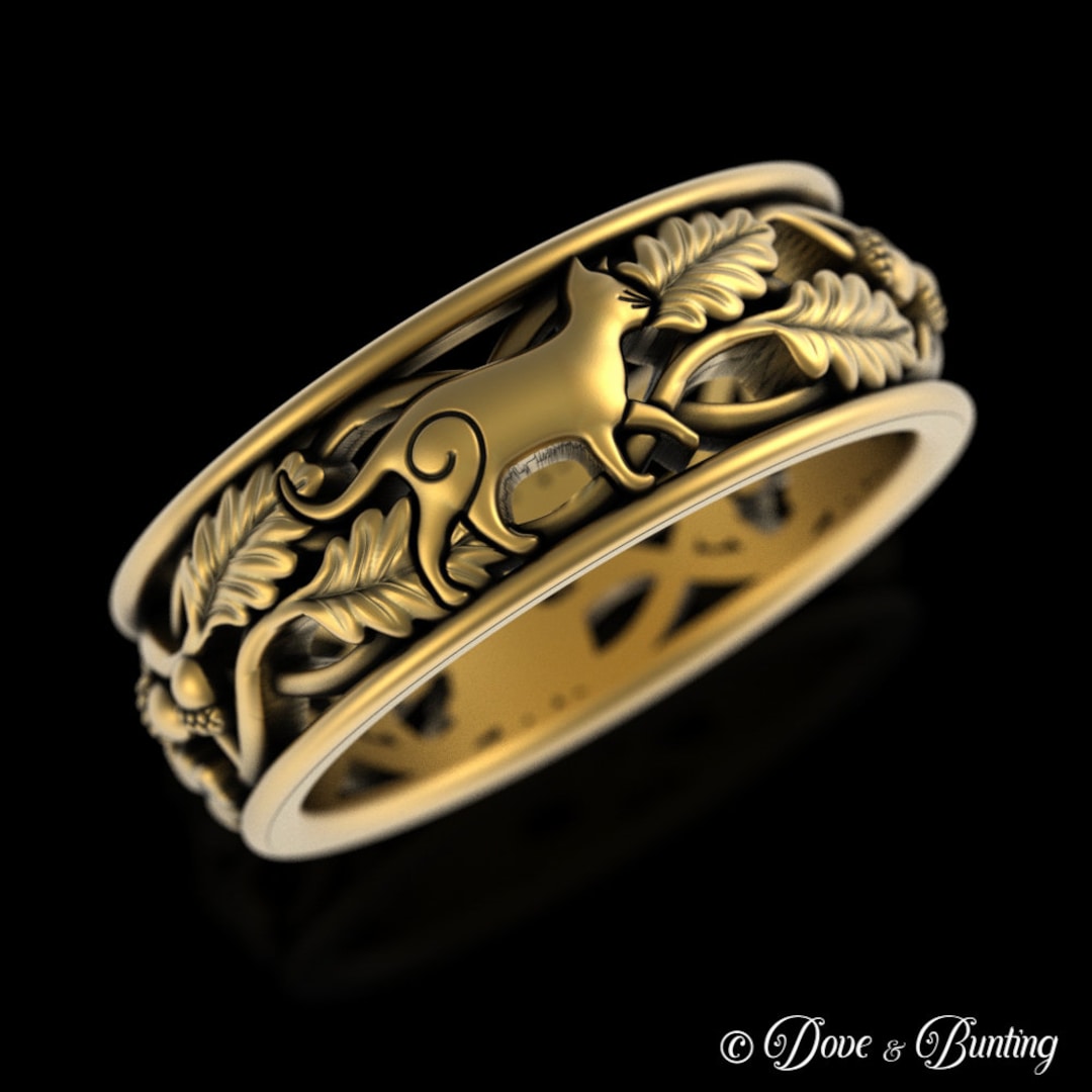 10K 14K Gold Cat & Forest Leaves Ring, White Gold Mens Animal Wedding ...