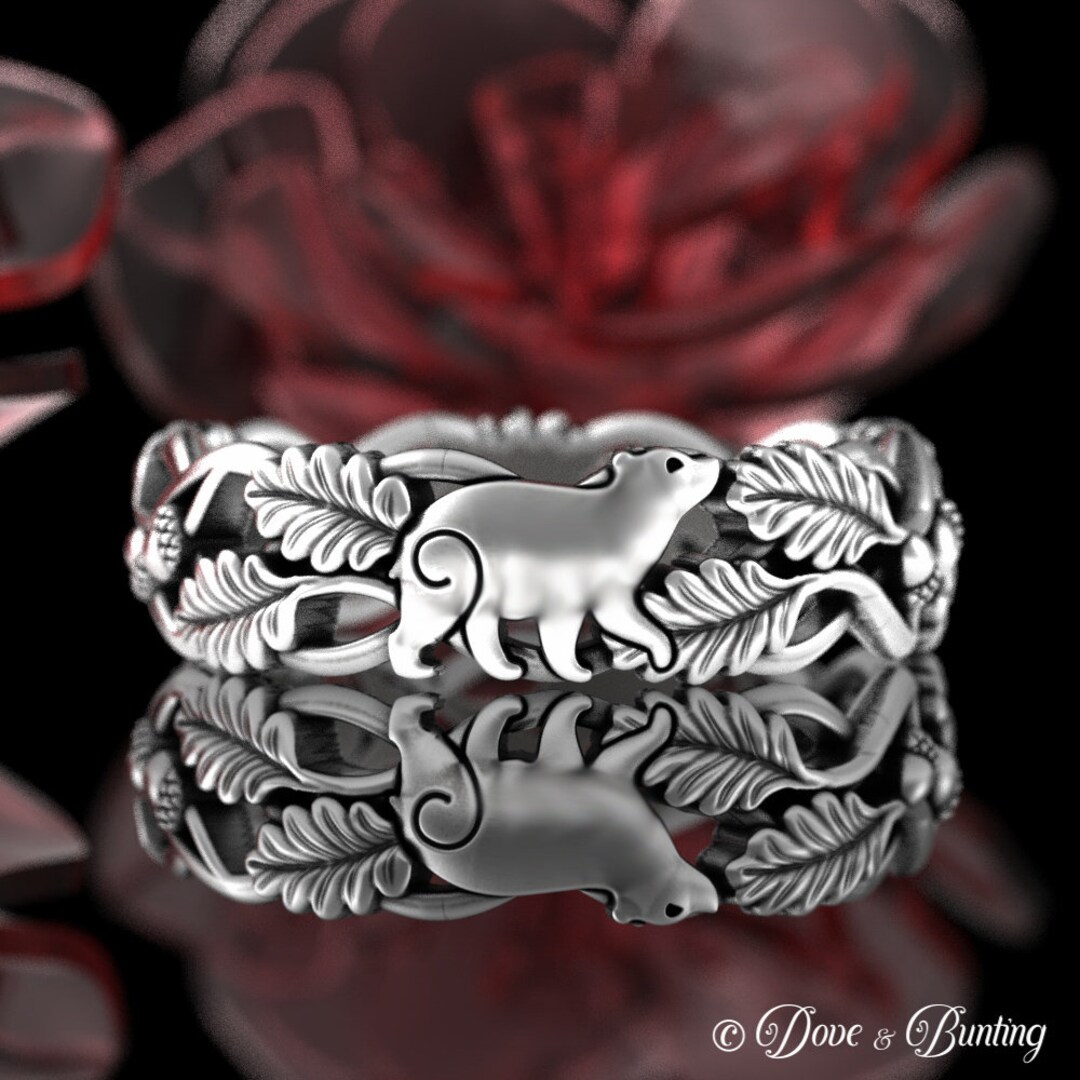 Sterling Bear Cub & Forest Ring, Silver Bear Wedding Ring, Baby Bear Wedding Band, Woodland Oak ...