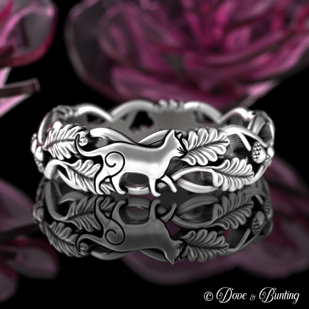 Sterling Cat & Oak Leaf Ring, Silver Kitten Forest Wedding Band, Kitty ...