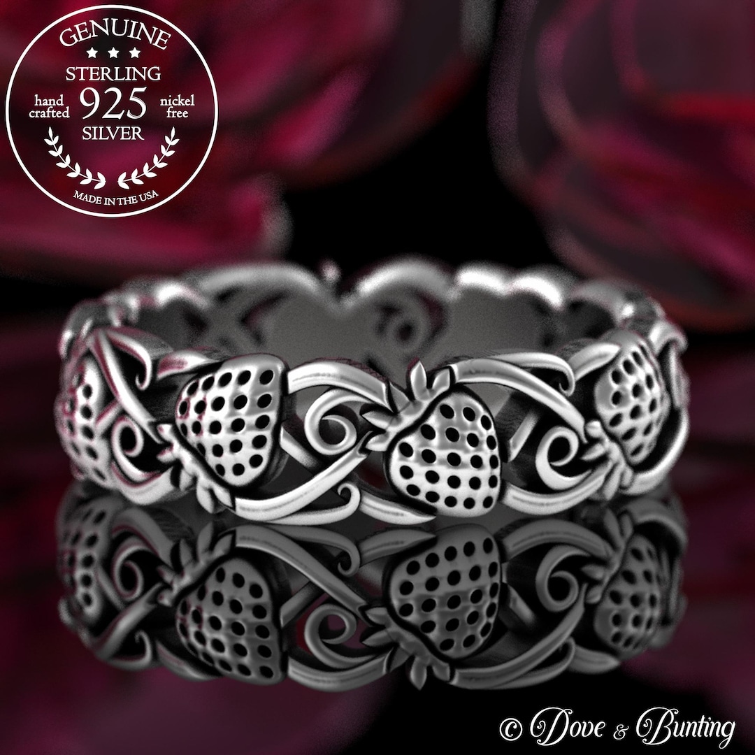 Sterling Strawberry Fields Ring, Fruit Wedding Band, Wild Strawberries ...
