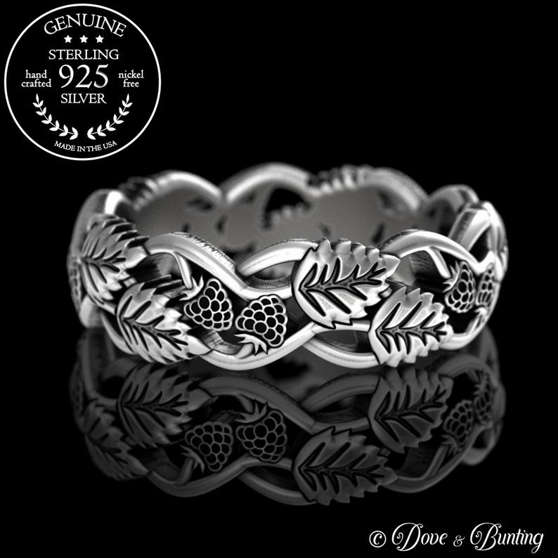 Botanical Bird & Berries Ring, Sterling Blackberries Sparrow Ring ...