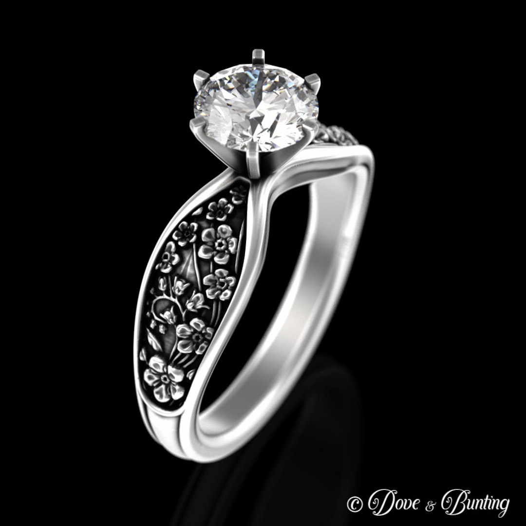 Forget-me-not Engagement Ring, Moissanite Bridal Flower Wedding Ring ...
