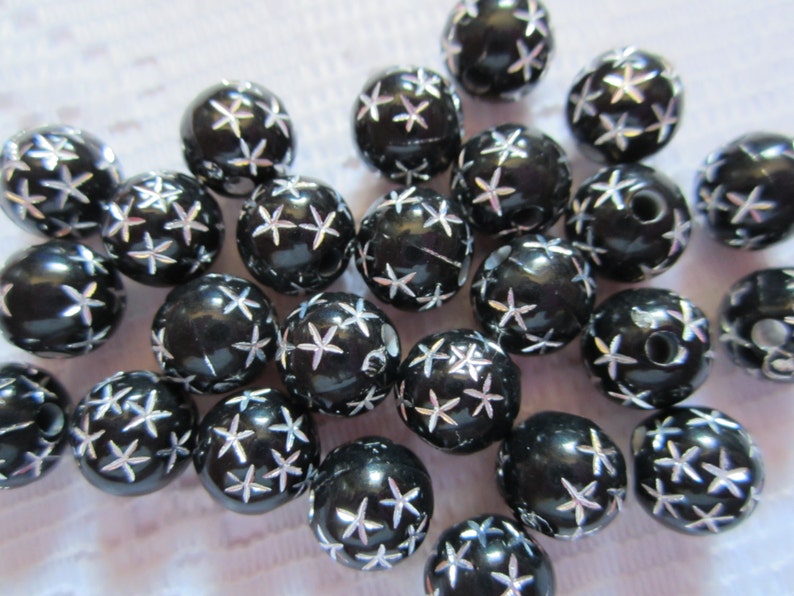 20 Ebony Jet Black & Silver Star Etched Round Acrylic Beads | Etsy