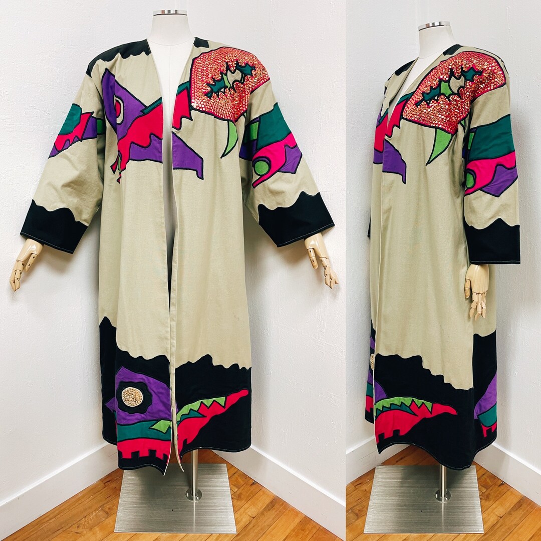 1980s XL Shoulder Pad Patchwork Embroidered Coat Jacket W Abstract Art ...