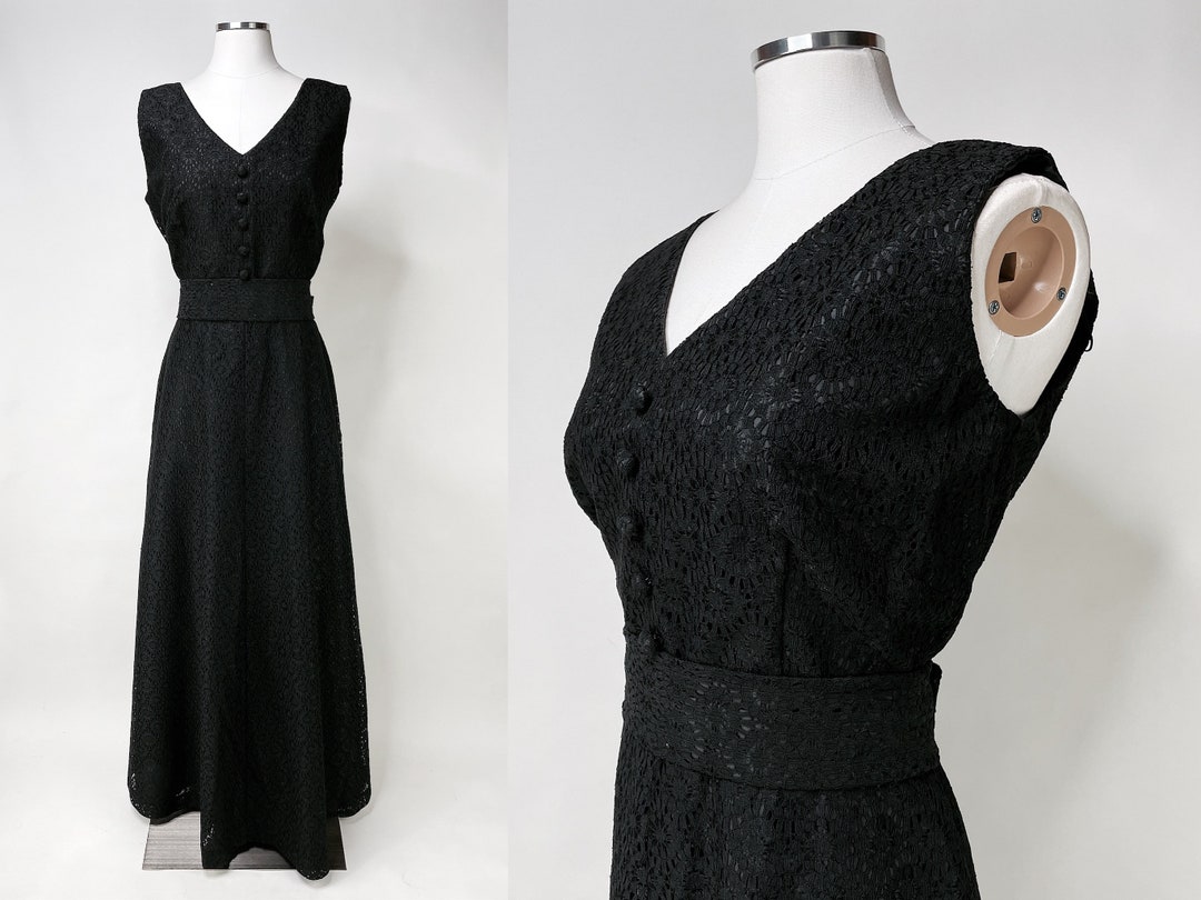 1960s-1970s Black Macrame Lace A Line Hostess Dress by Alice of CA M/L ...