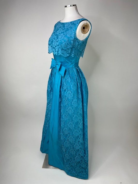 1960s Bright Blue Lace & Taffeta Bridesmaid Dress Sma… - Gem