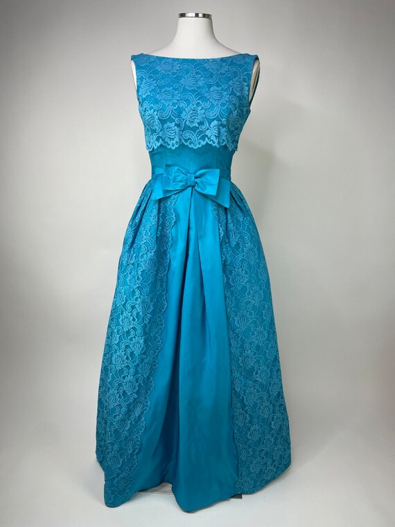 1960s Bright Blue Lace & Taffeta Bridesmaid Dress Sma… - Gem