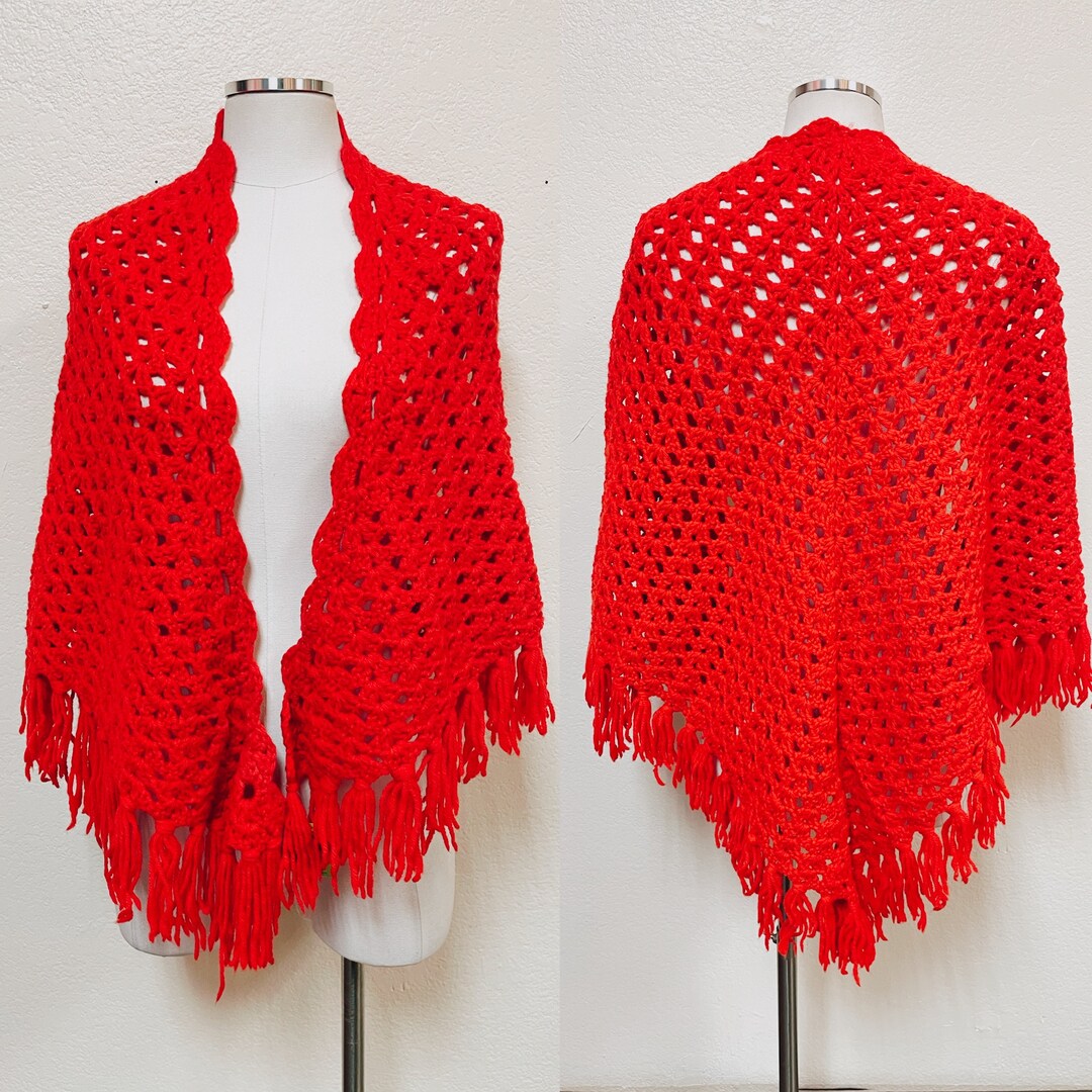 Vintage Red Crochet Triangle Shawl W Yarn Fringe Lightweight, Summer ...