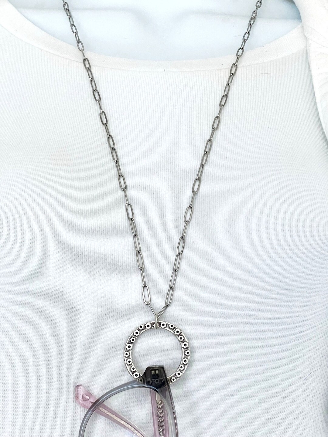 Paperclip Steel Chain Eyeglass Loop Necklace, Reading Glasses Ring ...