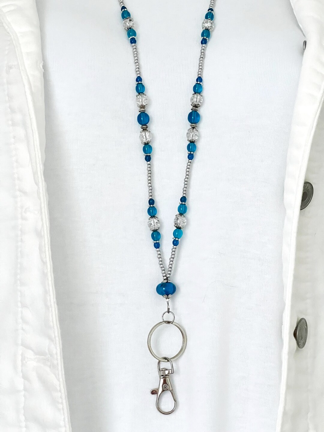 Blue ID Badge Lanyard, ID Card Holder, Key Ring Lanyard, Beaded Badge ...