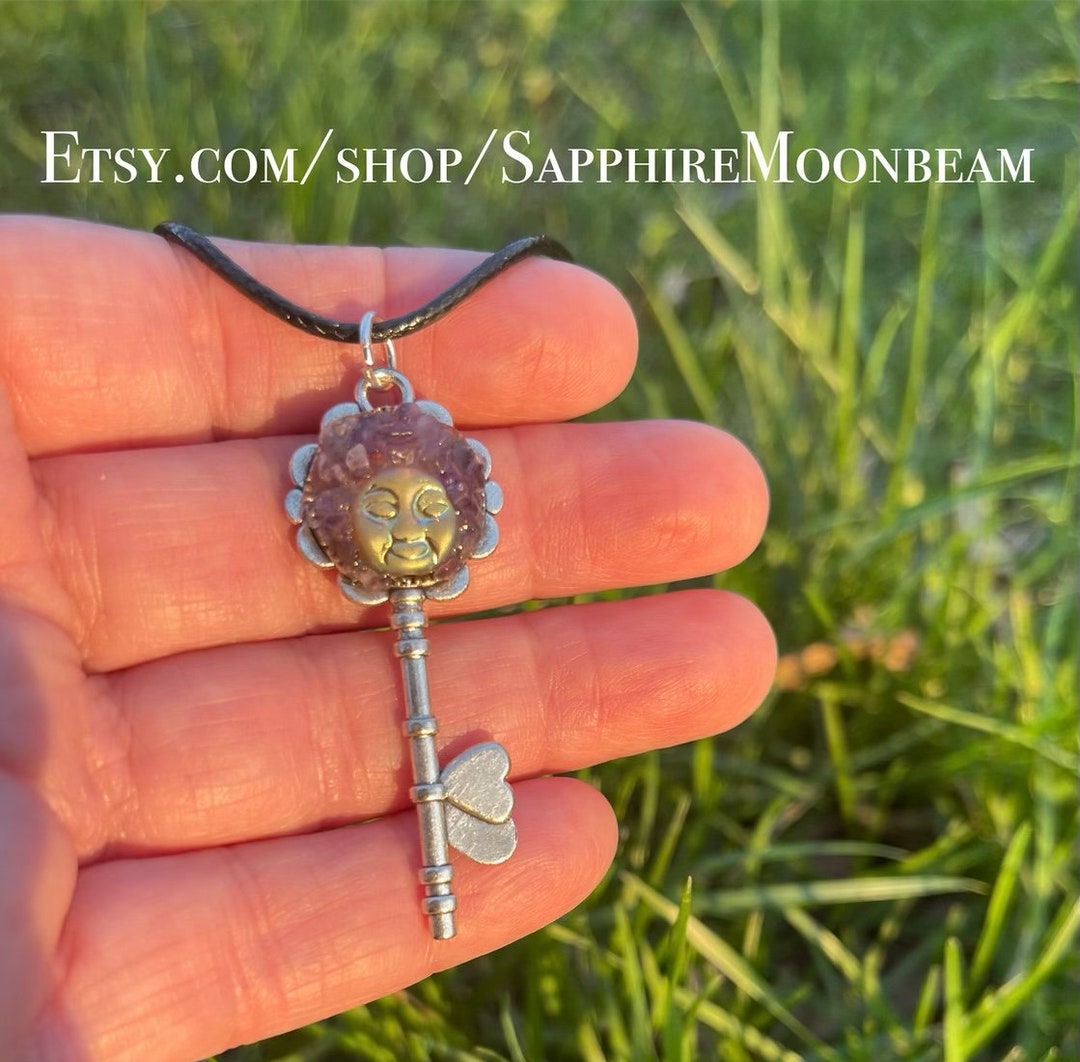 Small Golden Moon Face Purple Amethyst Gemstone Key Pendant Crystal ...