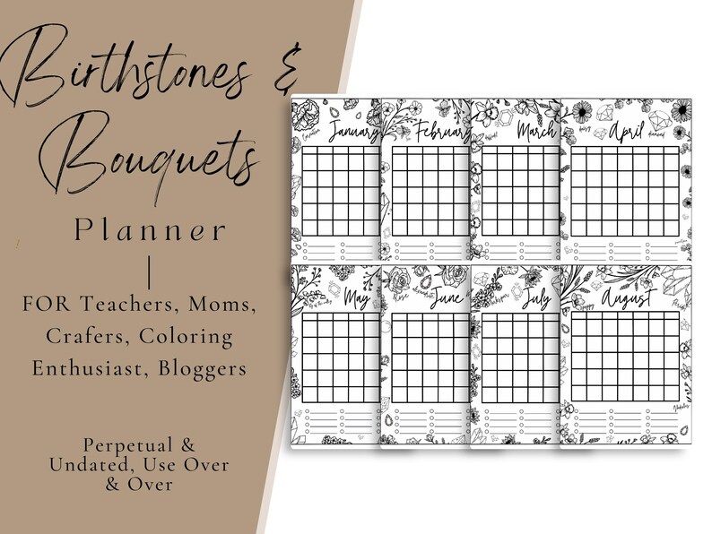 Printable Monthly Coloring Calendar With Birthstones & Birth Flowers ...