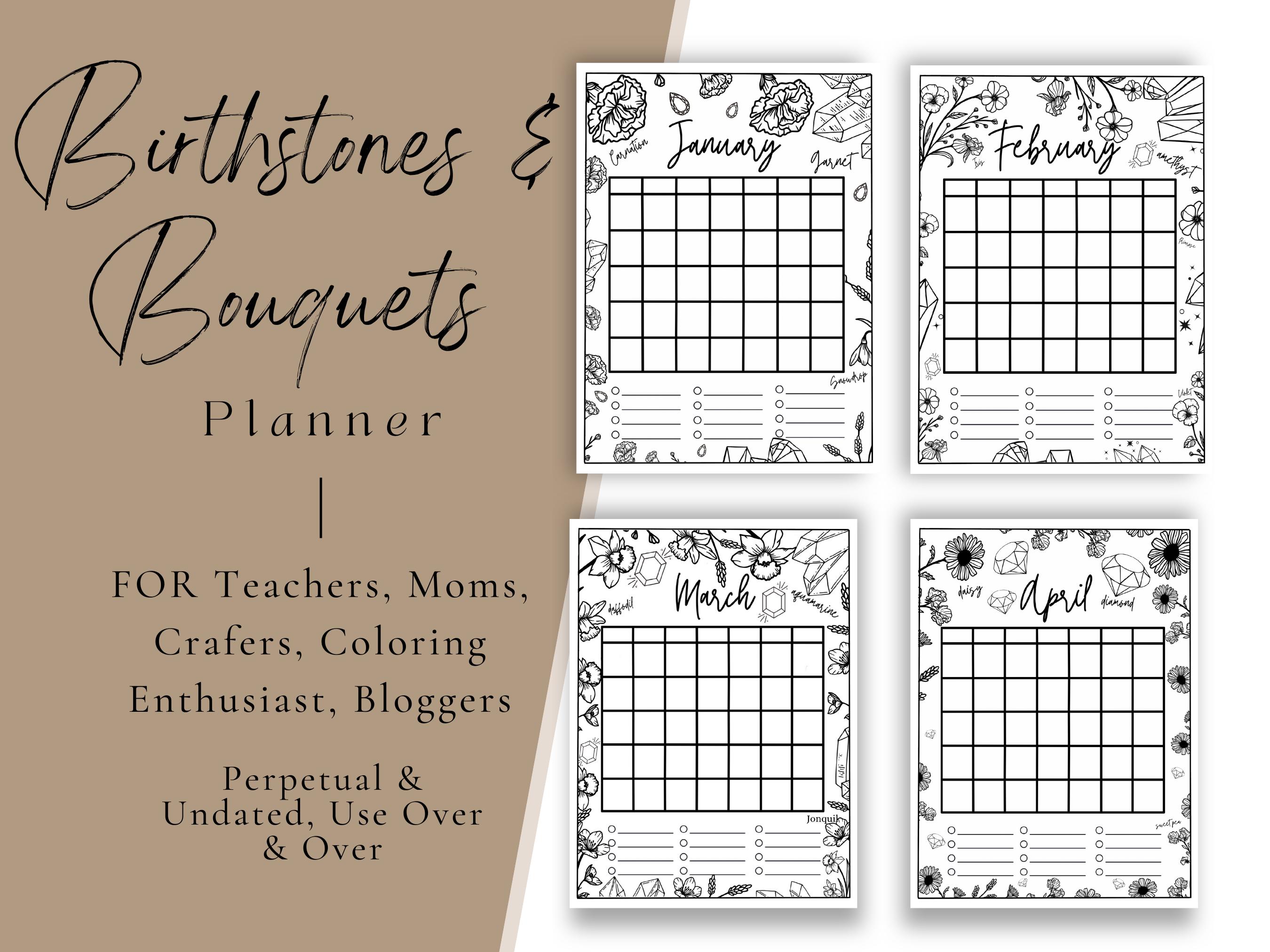 Printable Monthly Coloring Calendar With Birthstones & Birth Flowers ...