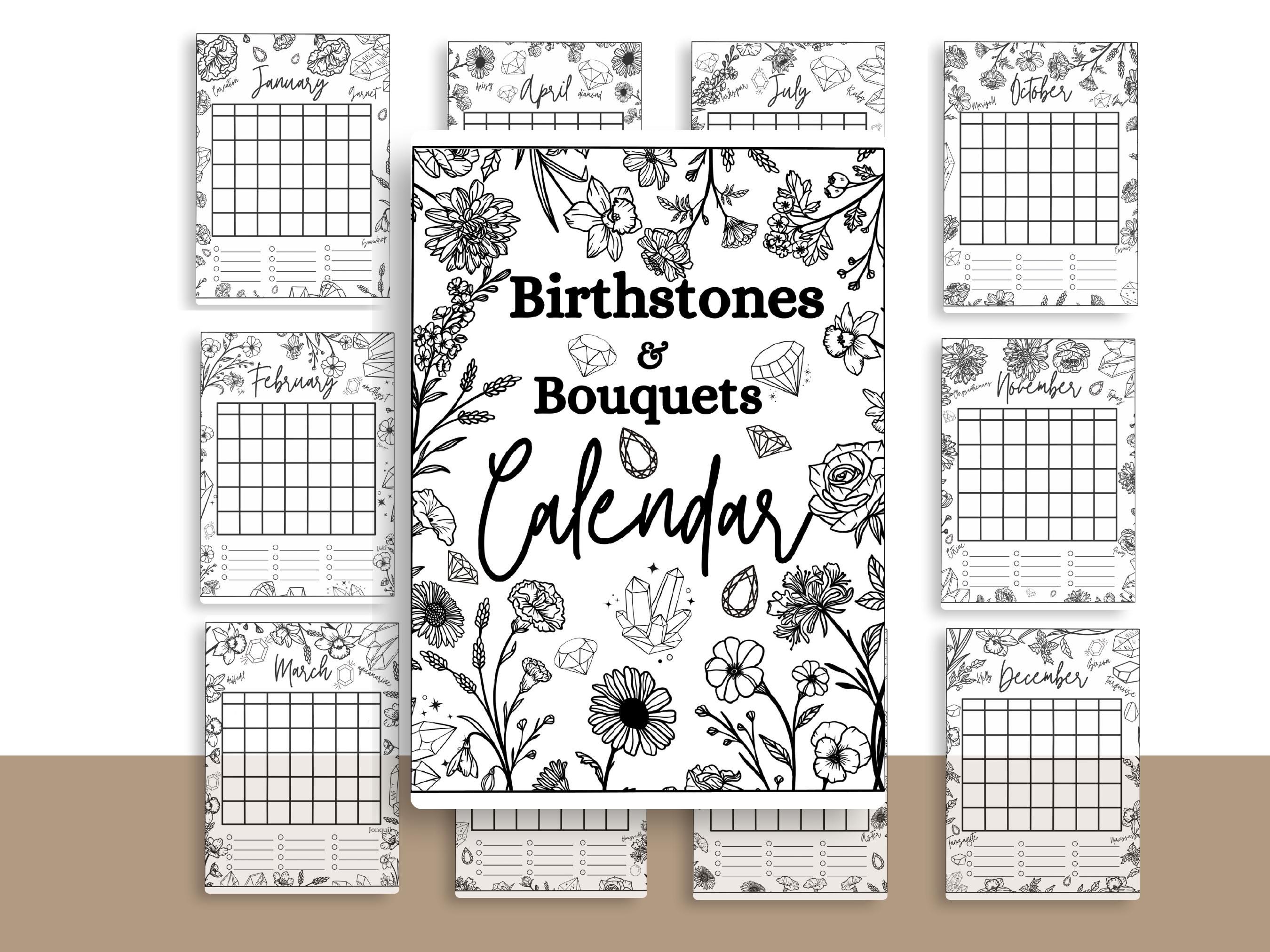 Printable Monthly Coloring Calendar With Birthstones & Birth Flowers ...