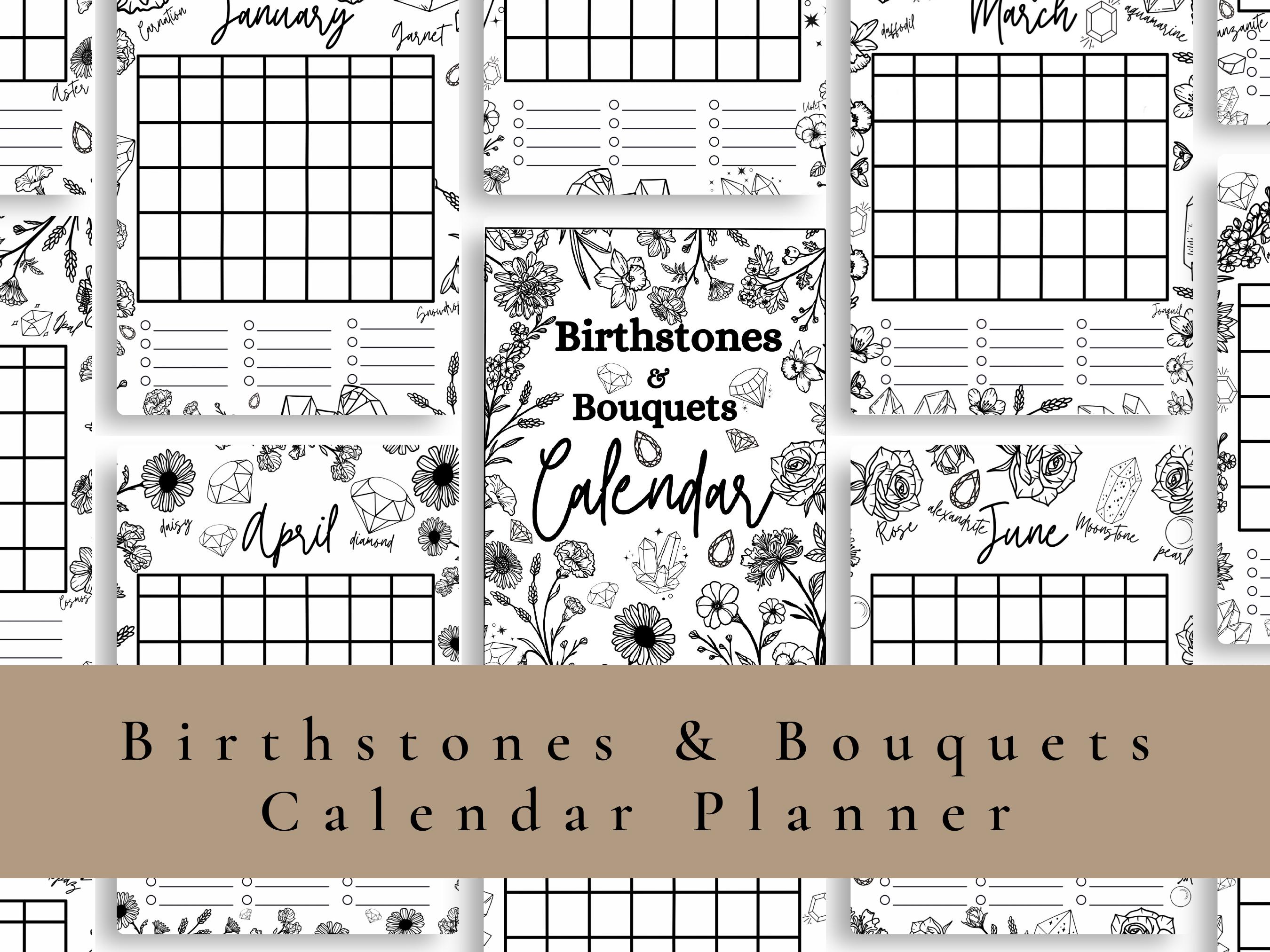 Printable Monthly Coloring Calendar With Birthstones & Birth Flowers ...