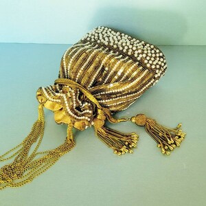 Gold Pearl Party Purse, Designer Beaded Bag, Drawstring Purse, Evening ...