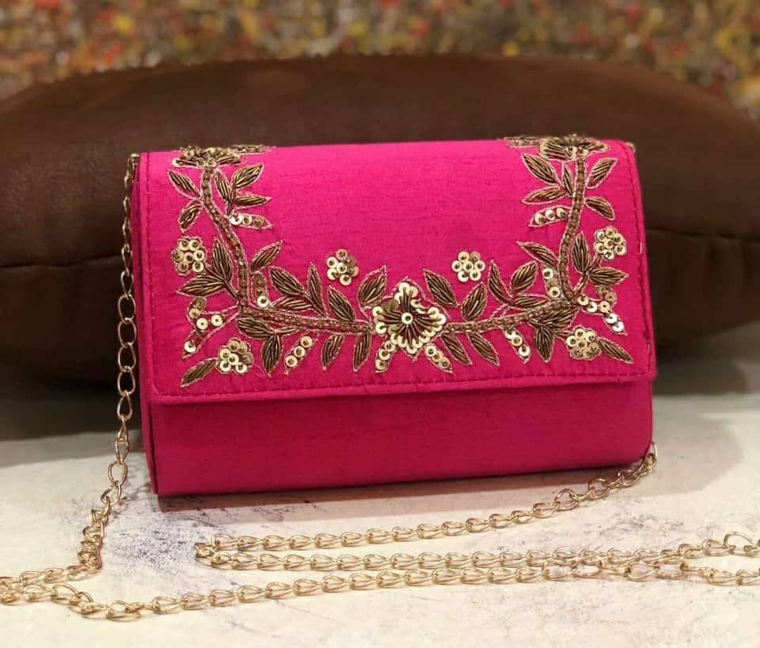 Fuschia Party Purse, Hot Pink Bag, Floral Zardozi Sequin Clutch ...