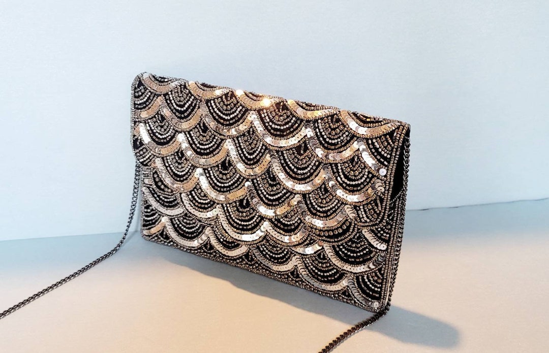 Silver Party Purse, Black Silver Pewter Clutch, Handmade Beaded Sequins ...