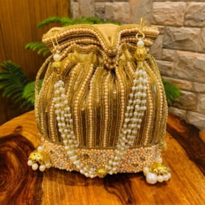 Gold Pearl Party Purse, Designer Beaded Bag, Drawstring Purse, Evening ...