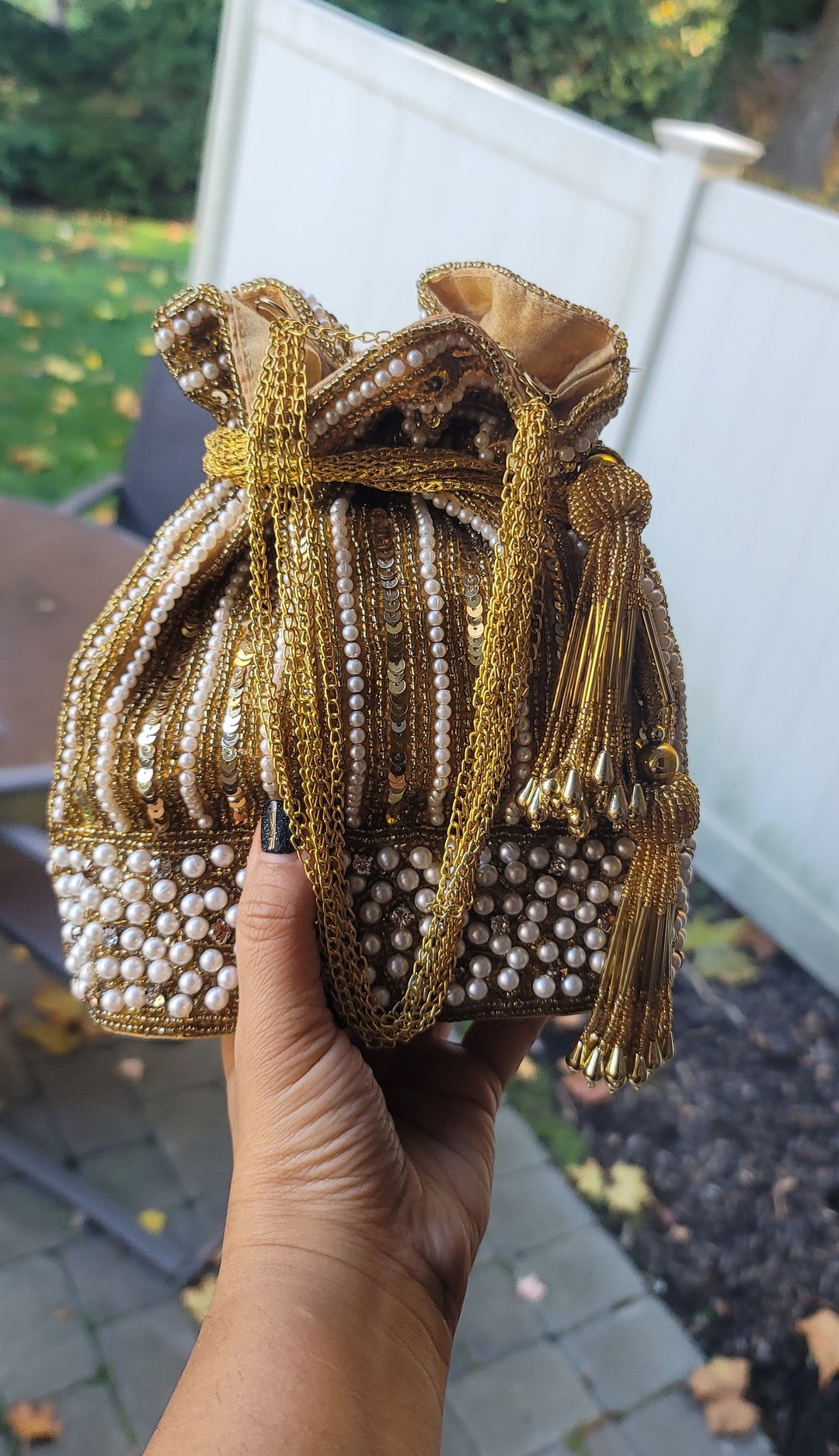 Gold Pearl Party Purse, Designer Beaded Bag, Drawstring Purse, Evening ...