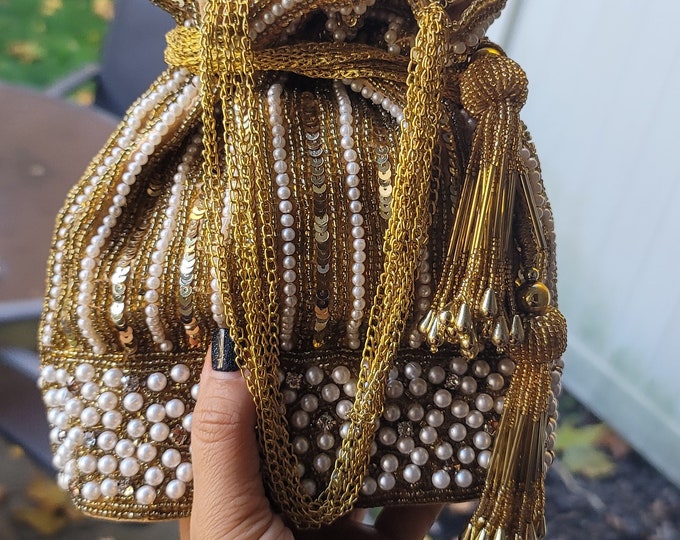 Gold Pearl Party Purse, Designer Beaded Bag, Drawstring Purse, Evening ...