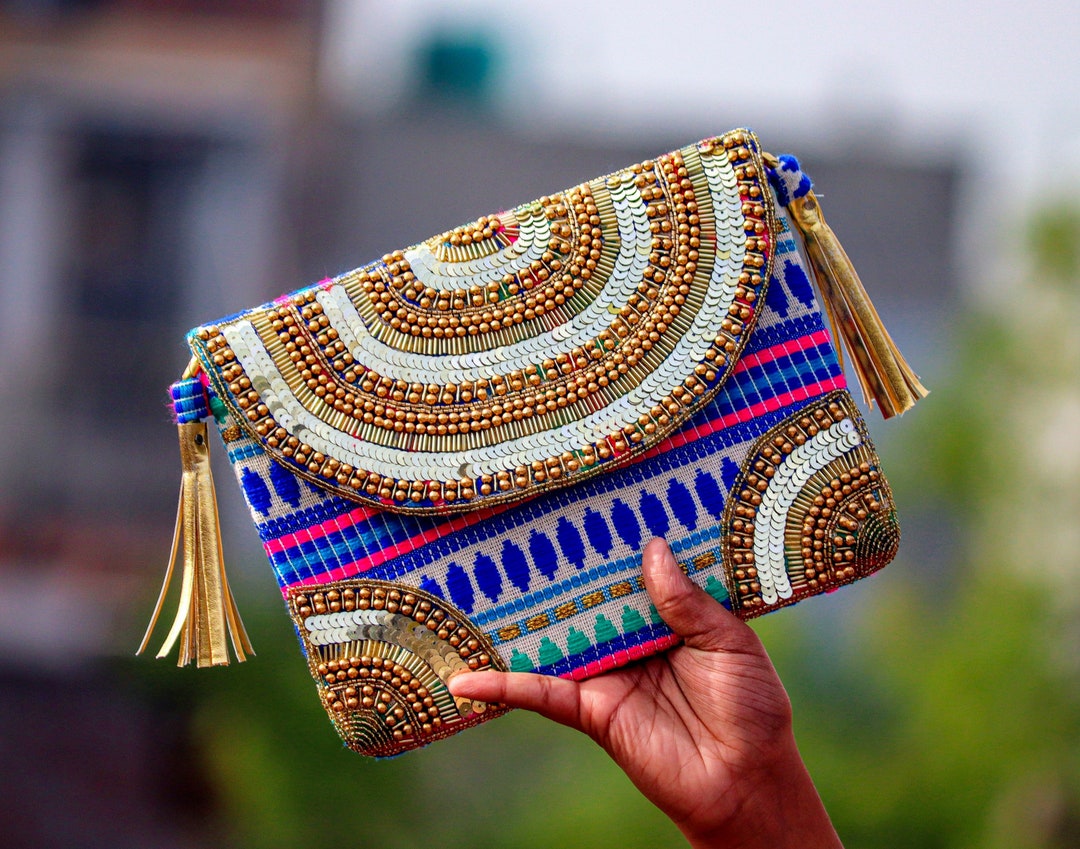 Fuschia Pink Turquoise Blue Gold Boho Bag, Embroidered Embellished ...