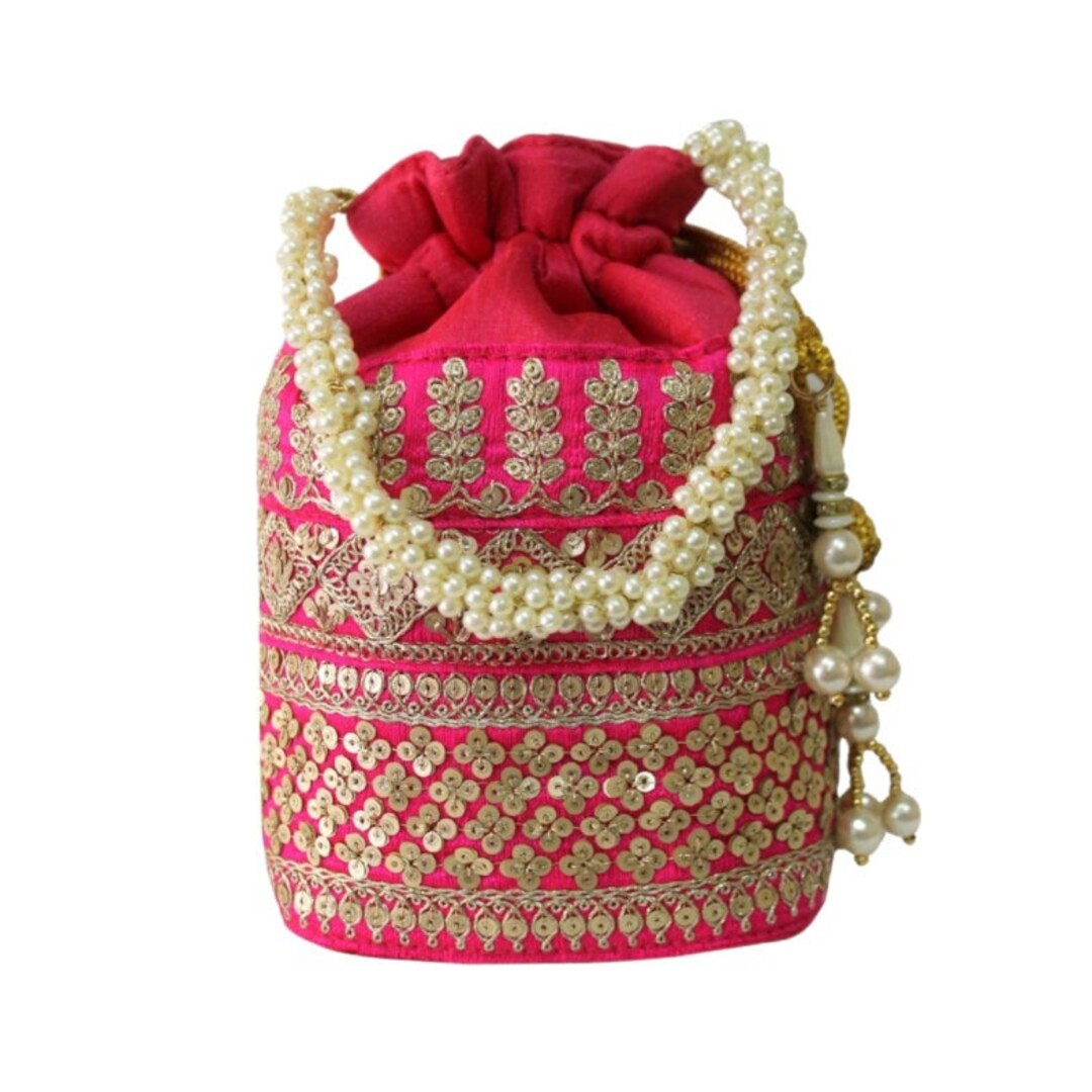 Fuschia Hot Pink Gold Floral Pearl Beaded Clutch, Evening Party Wedding ...