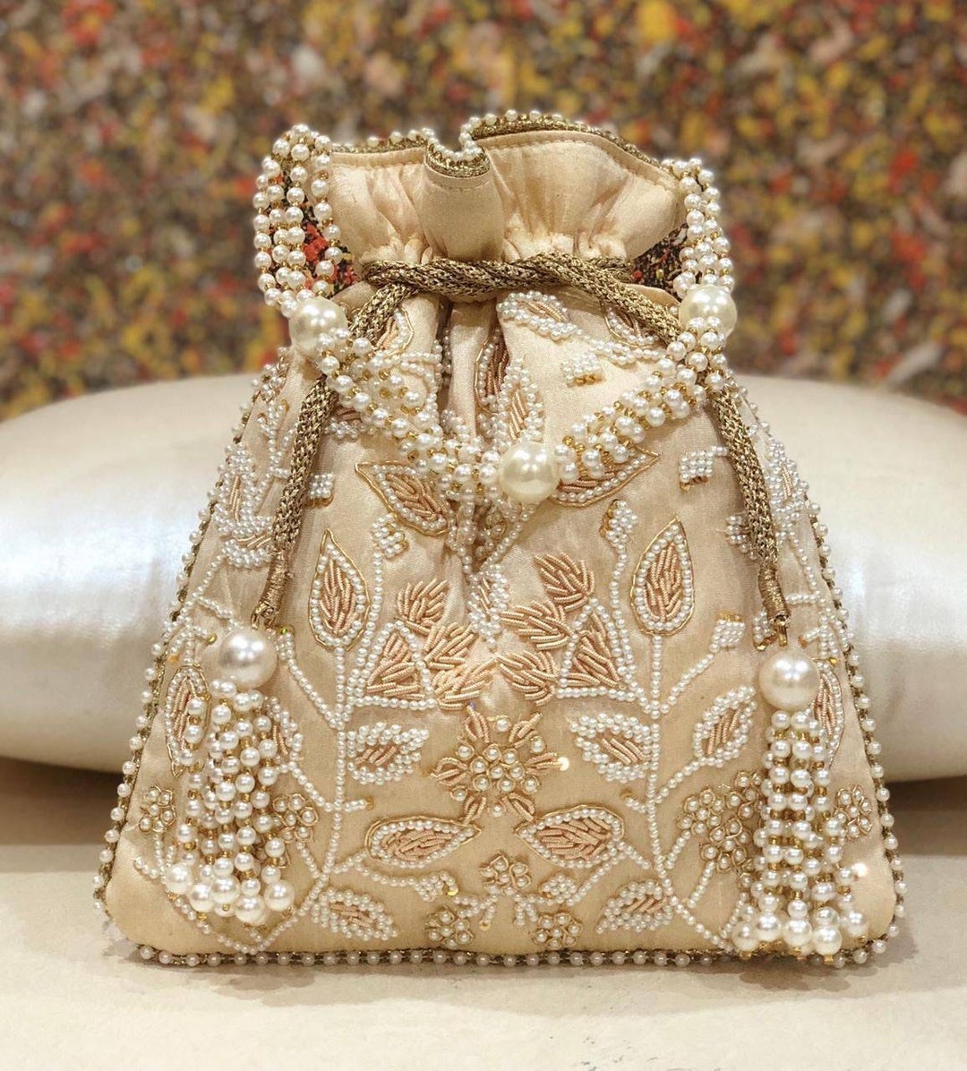 Light Gold Party Purse, Cream Potli Bag, Beige Pearl Zardosi Clutch ...
