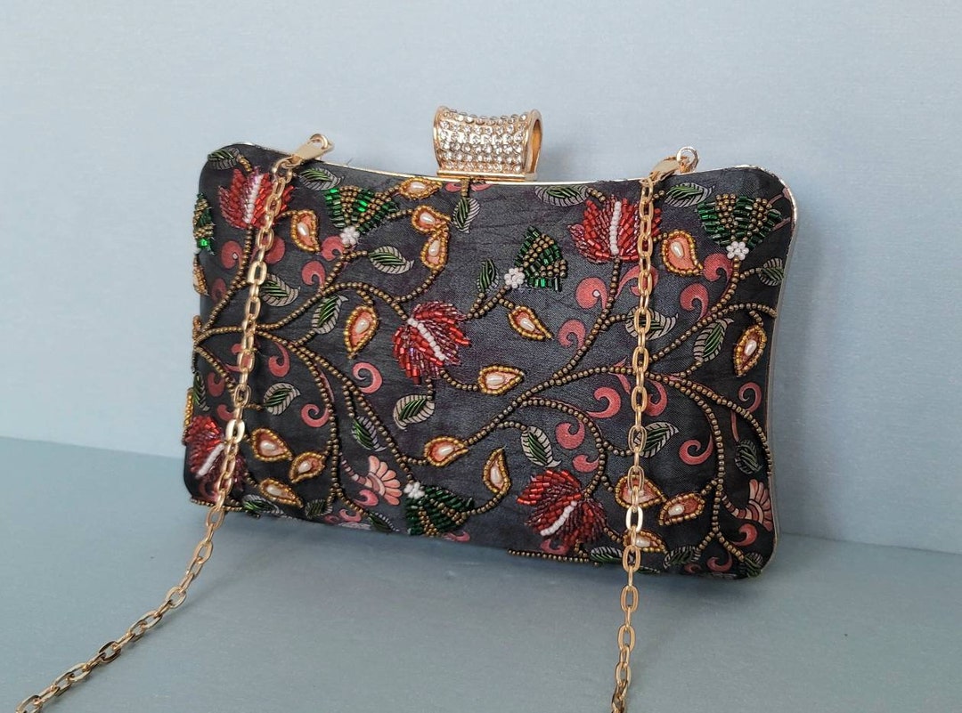 Black Party Purse, Floral Beaded Clutch, Wedding Clutch Sling, Bridal ...