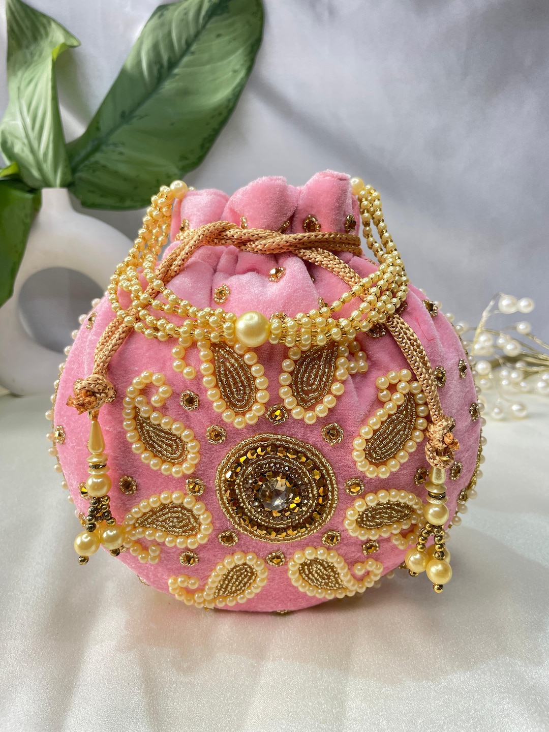 Pink Party Purse, Gold Potli Bag, Pink Pearl Zardosi Clutch, Indian ...
