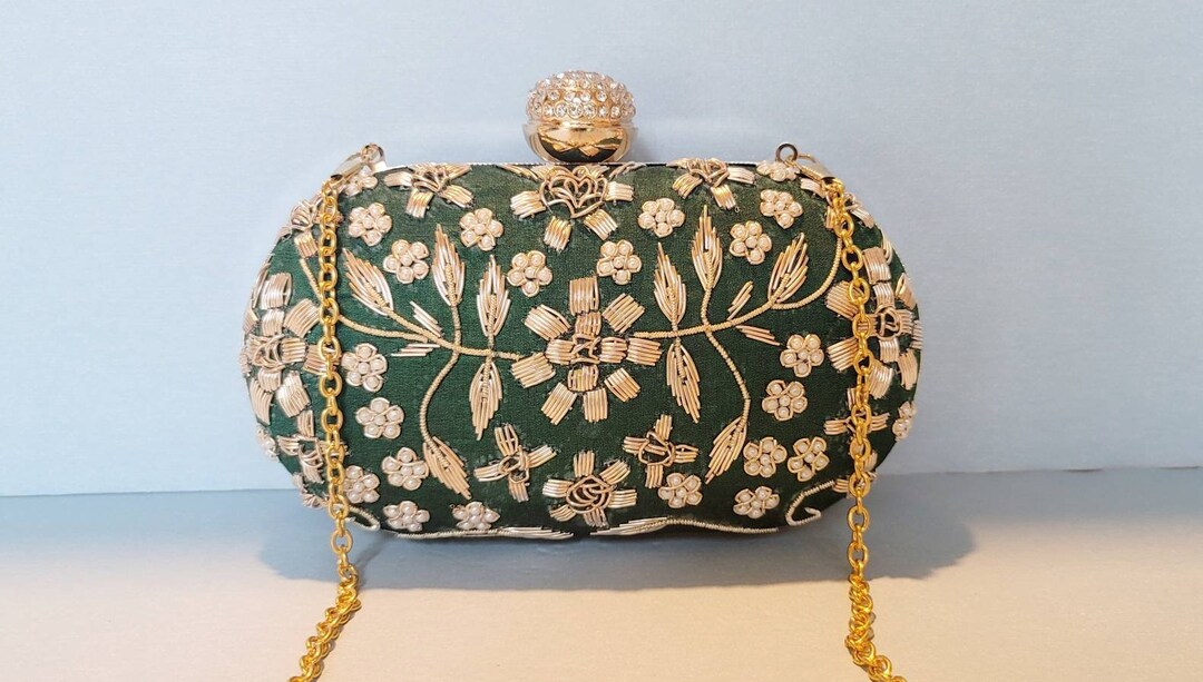 Green Floral Beaded Clutch, Party Purse, Indian Pakistani Clutch ...